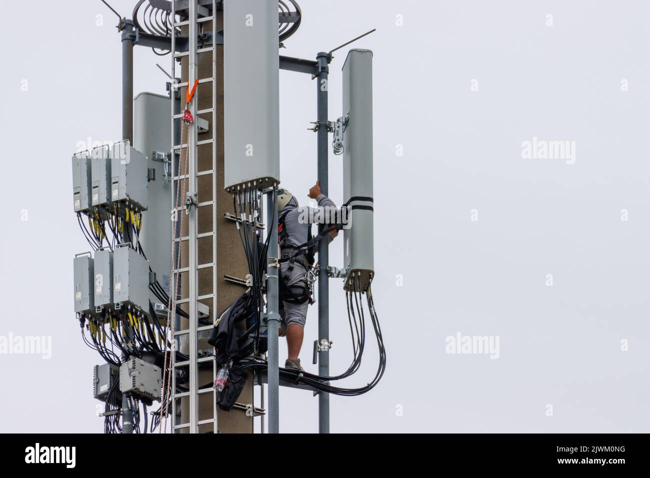 two Telekom technicians perform work on a transmission tower Stock ...