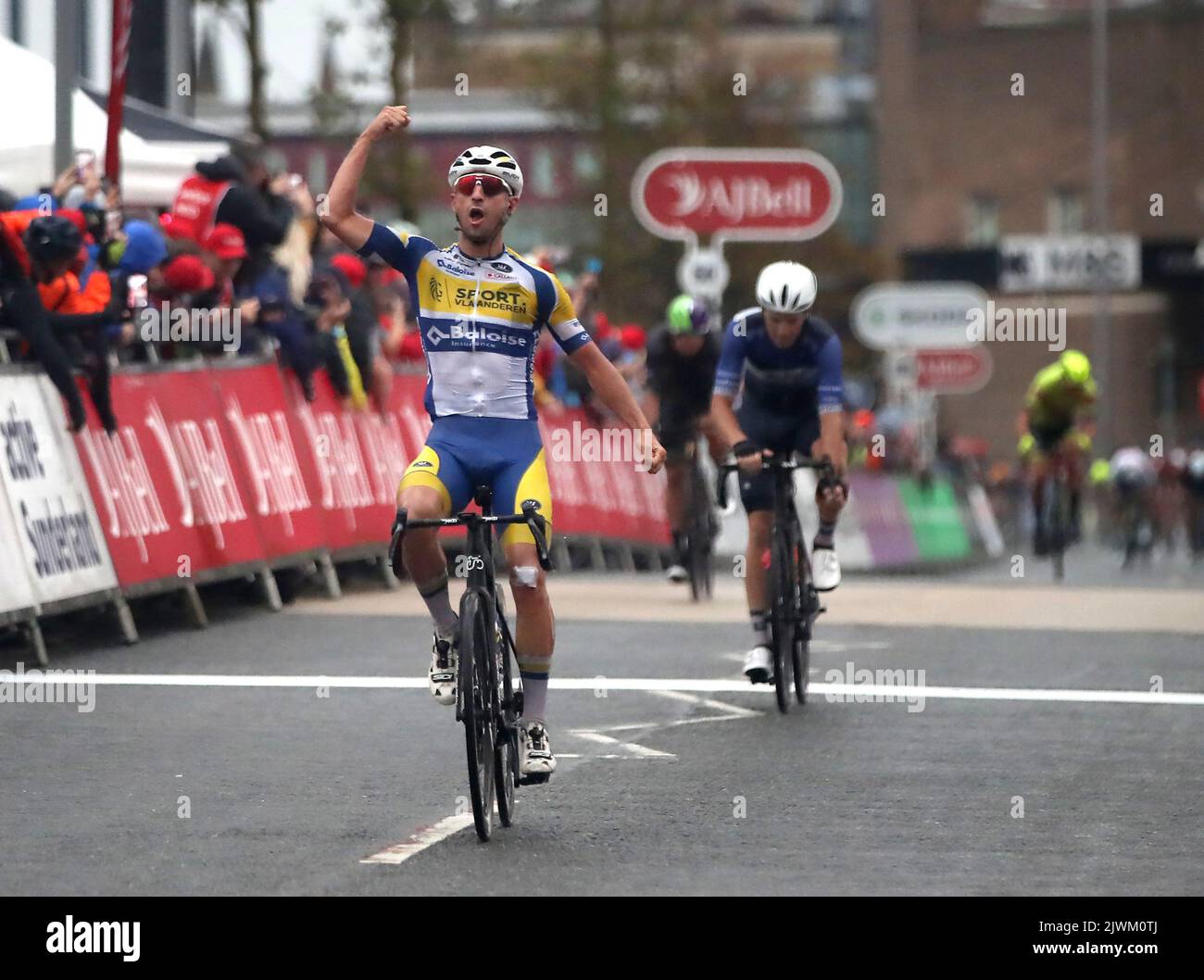 Team SVB's Kamiel Bonneu celebrates winning stage three of the AJ Bell ...