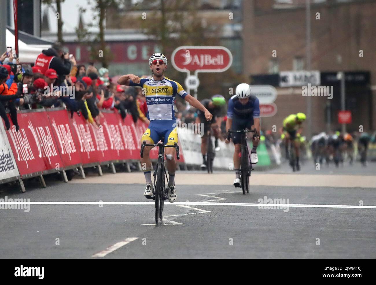 Team SVB's Kamiel Bonneu celebrates winning stage three of the AJ Bell ...