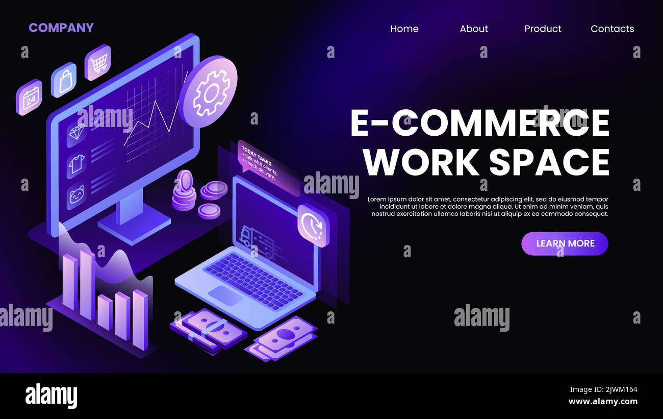 E-Commerce Work Space Banner. Landing Page Horizontal Mockup. Vector ...