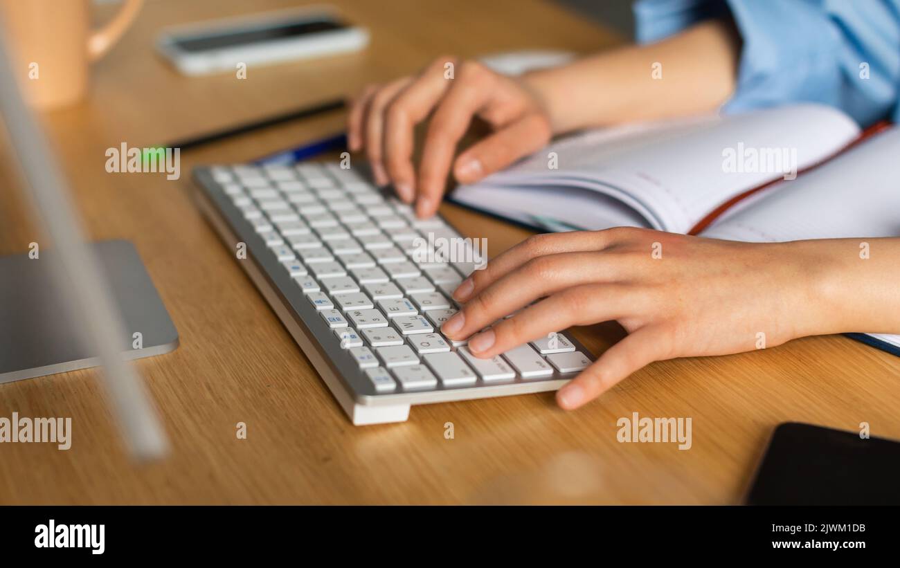 Closeup Of Female Hands On Computer Keyboard Typing At Workplace Stock ...