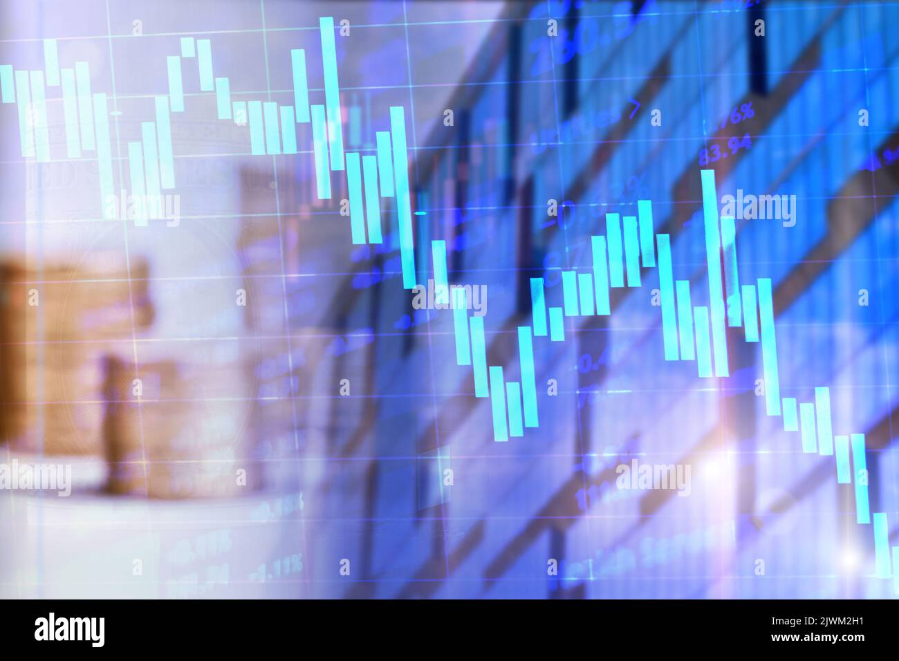 Financial abstract background with coins and candlestick charts as ...