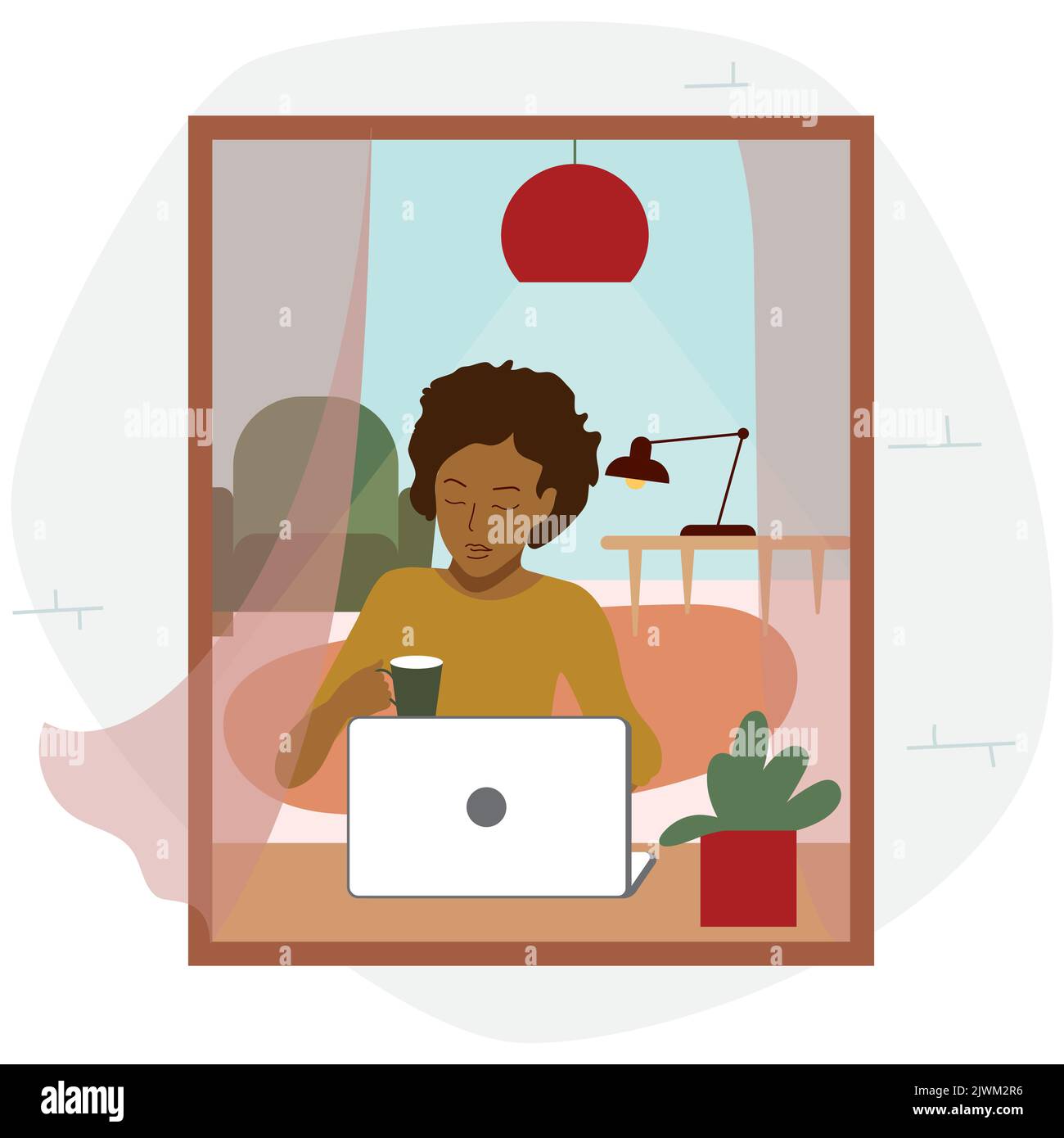 Stay at home concept. Young woman at home sitting near window relaxing ...