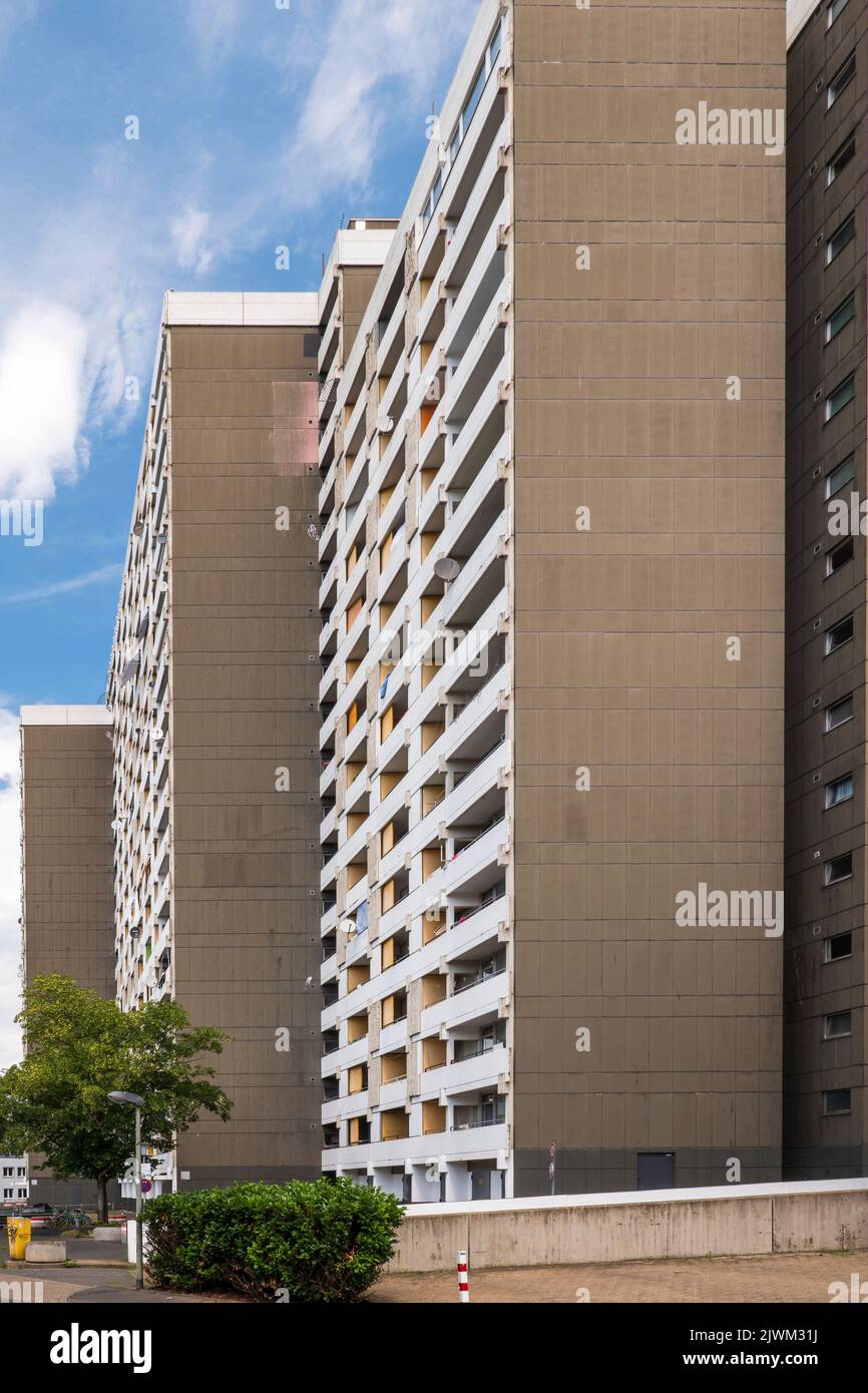 Frontal view of a high-rise building, cramped living space. In ...