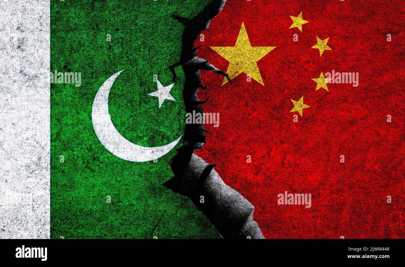 Pakistan and China flag on a wall with crack. China Pakistan relation ...