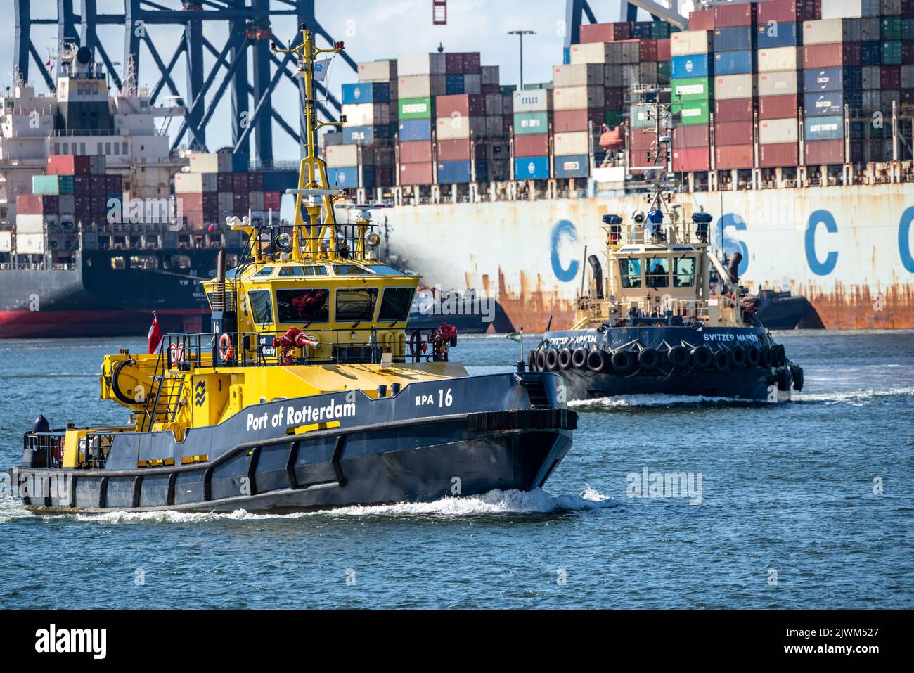Europoort, port of Rotterdam, harbour tug, bowser, in front of Euromax ...