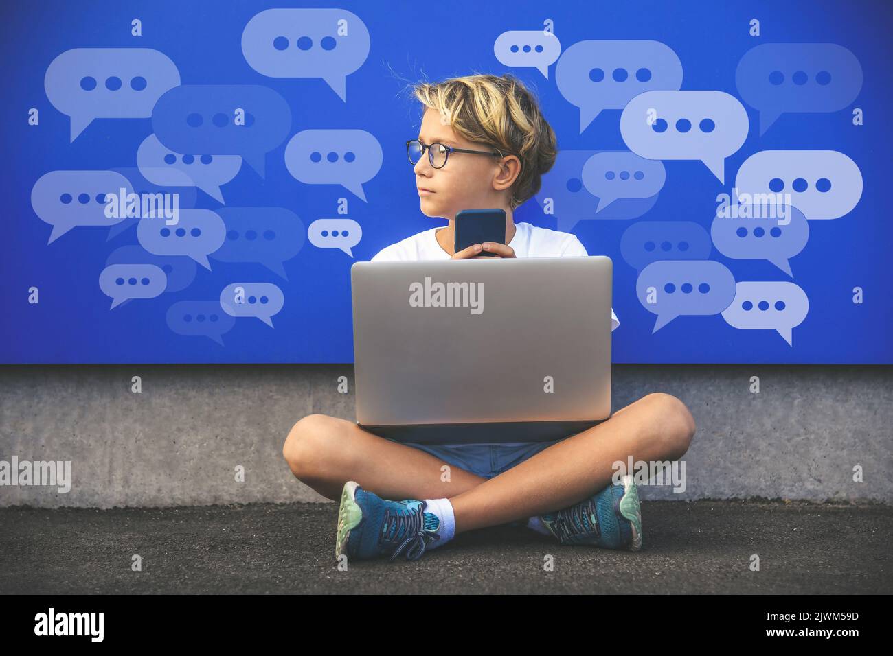 Boy using smartphone typing, chatting conversation concept. Chat box ...