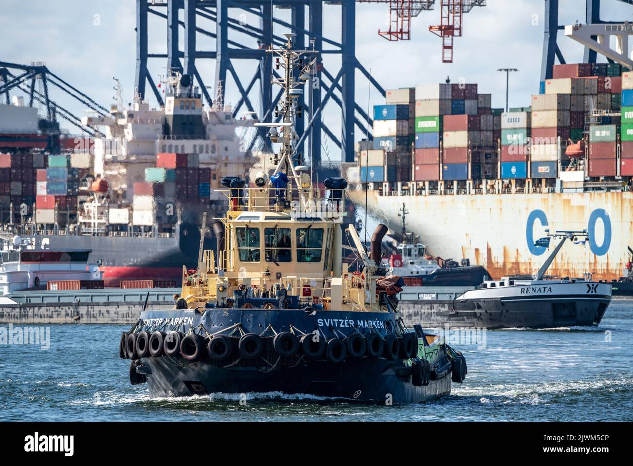 Europoort, port of Rotterdam, harbour tug, bowser, in front of Euromax ...