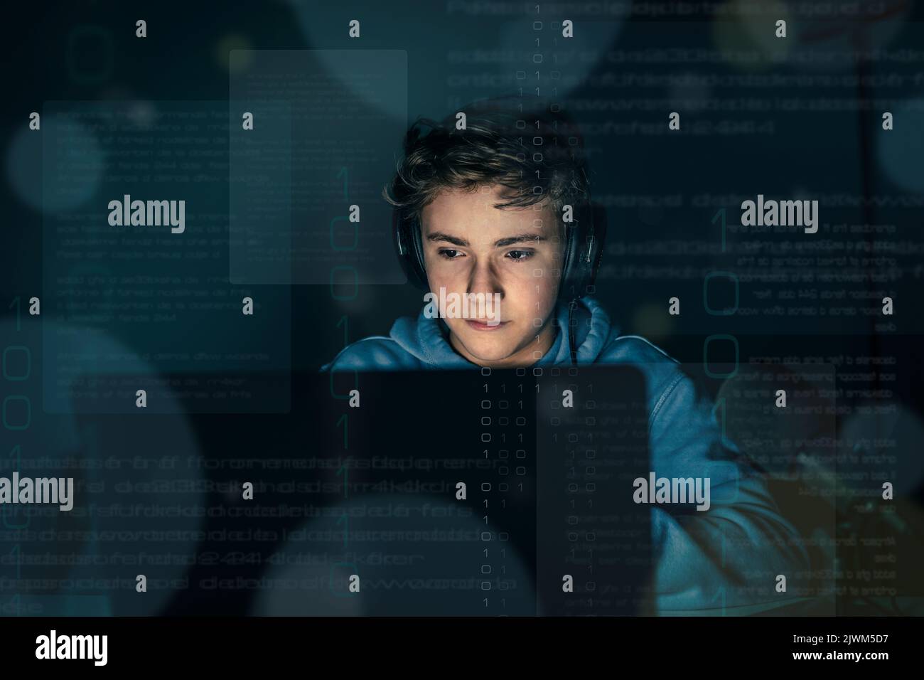 Genius programmer. Young nerdy computer developer looking data ...