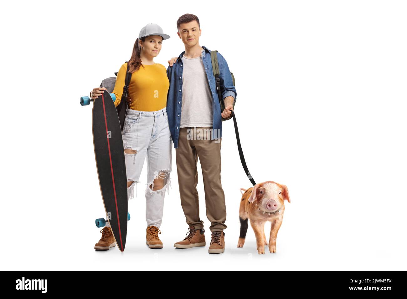 Teenage girl and guy with a longboard and a pig pet on a lead isolated ...