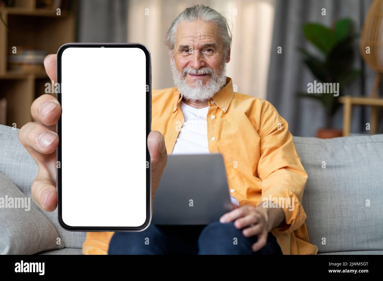 Happy elderly man sitting on couch with laptop, showing smartphone ...