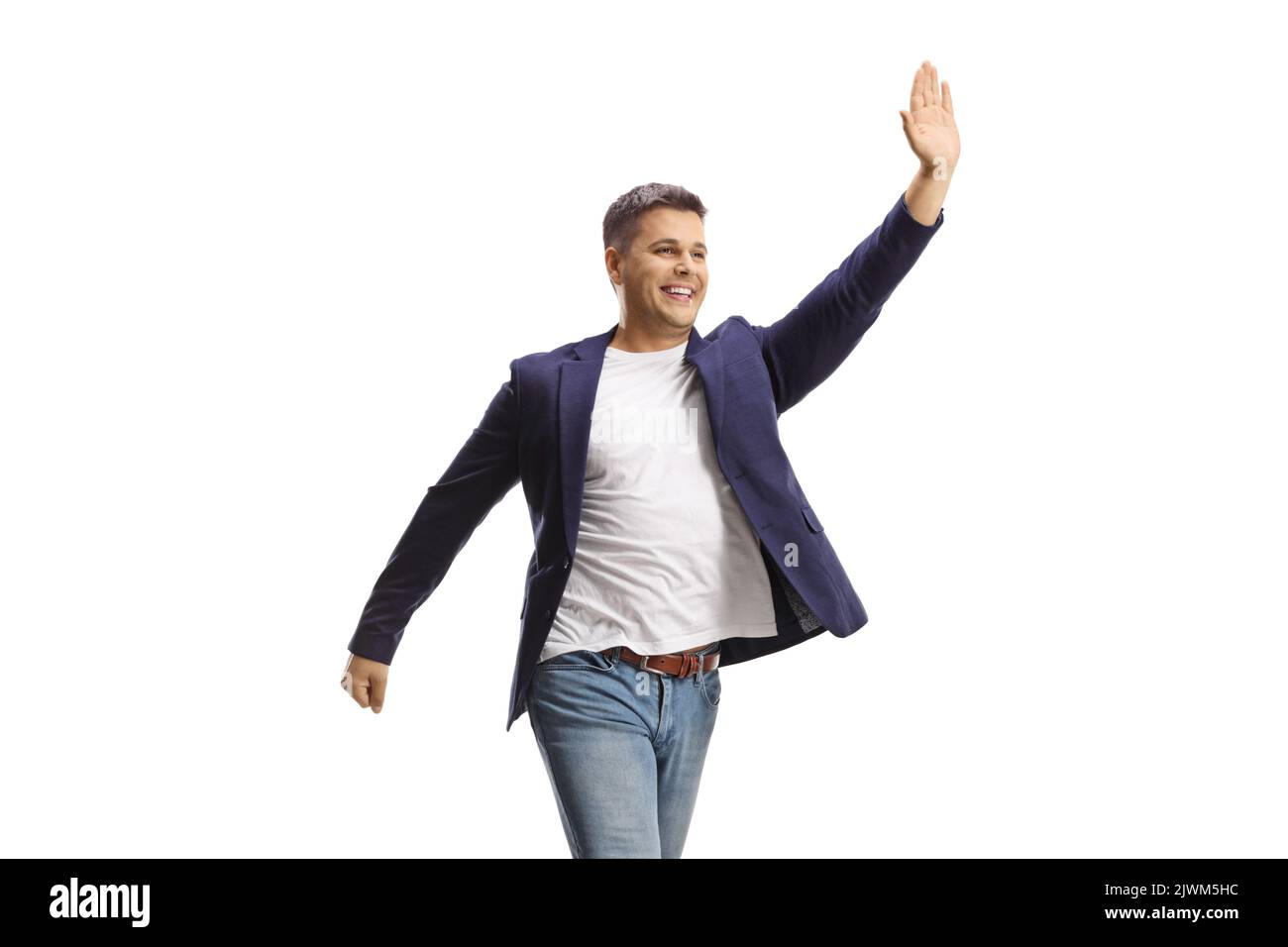 Young man gesturing wait sign with hand isolated on white background ...