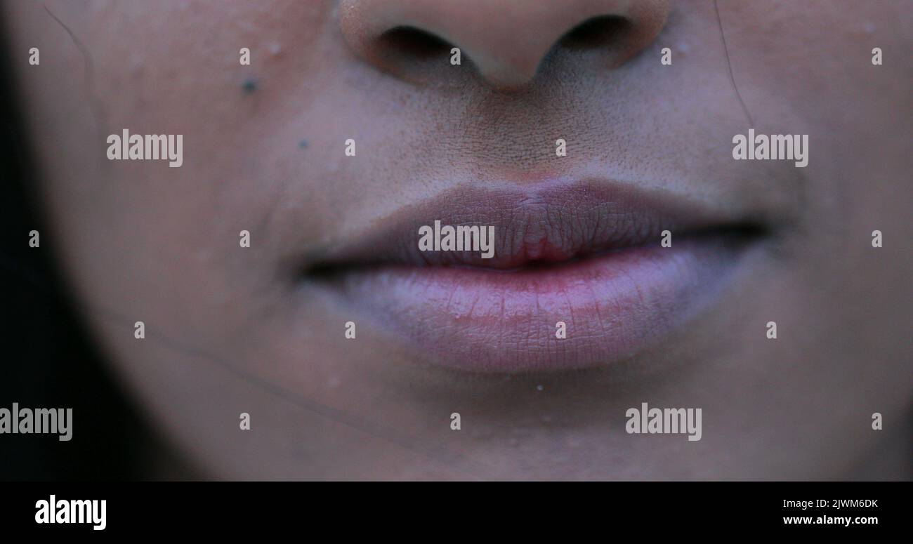 Close-up of girl mouth smiling. Pretty african american young woman ...