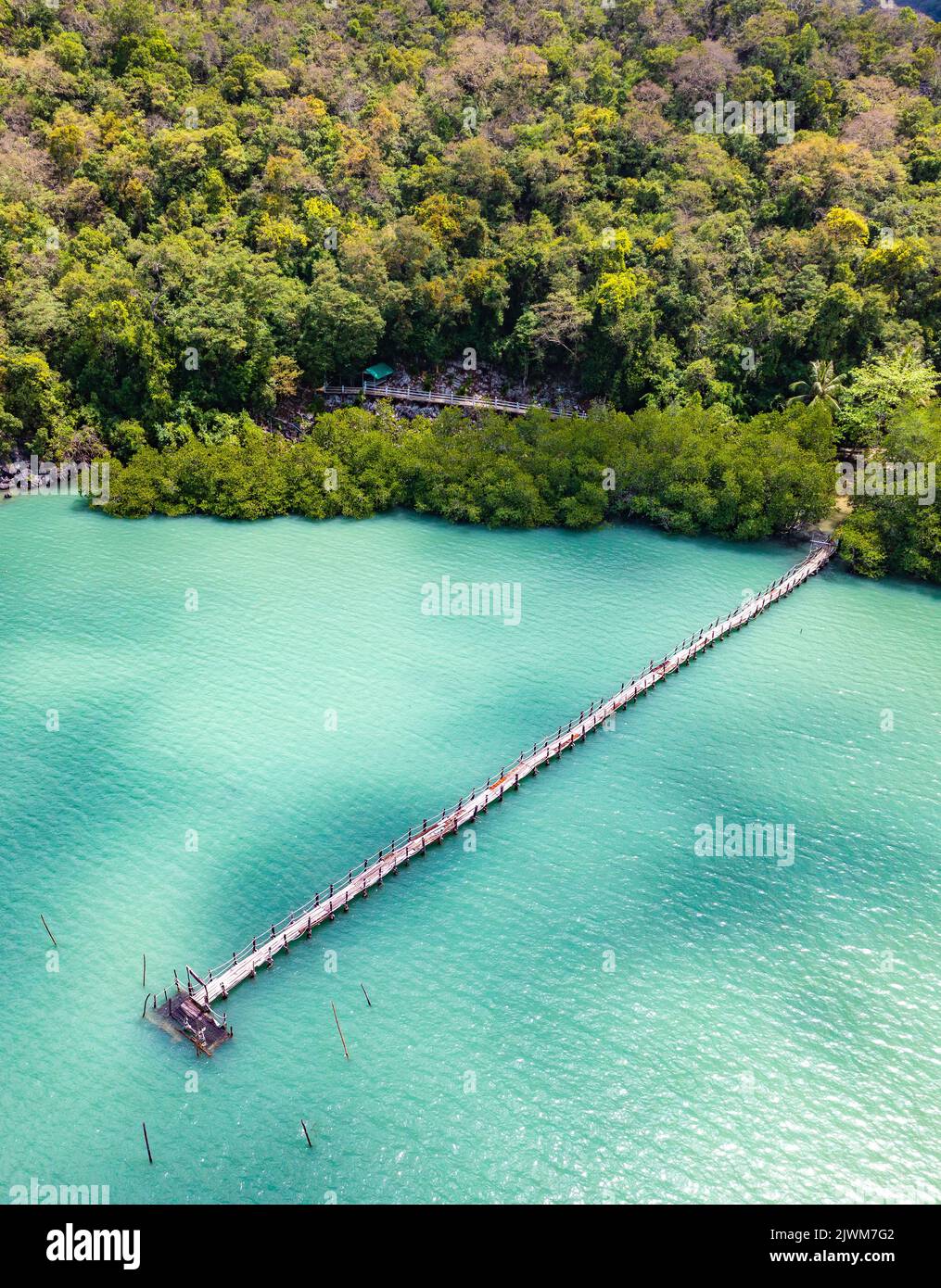 Wooden bridge at Ao Talet or Ta Lhet bay, Nakhon si Thammarat, Thailand ...