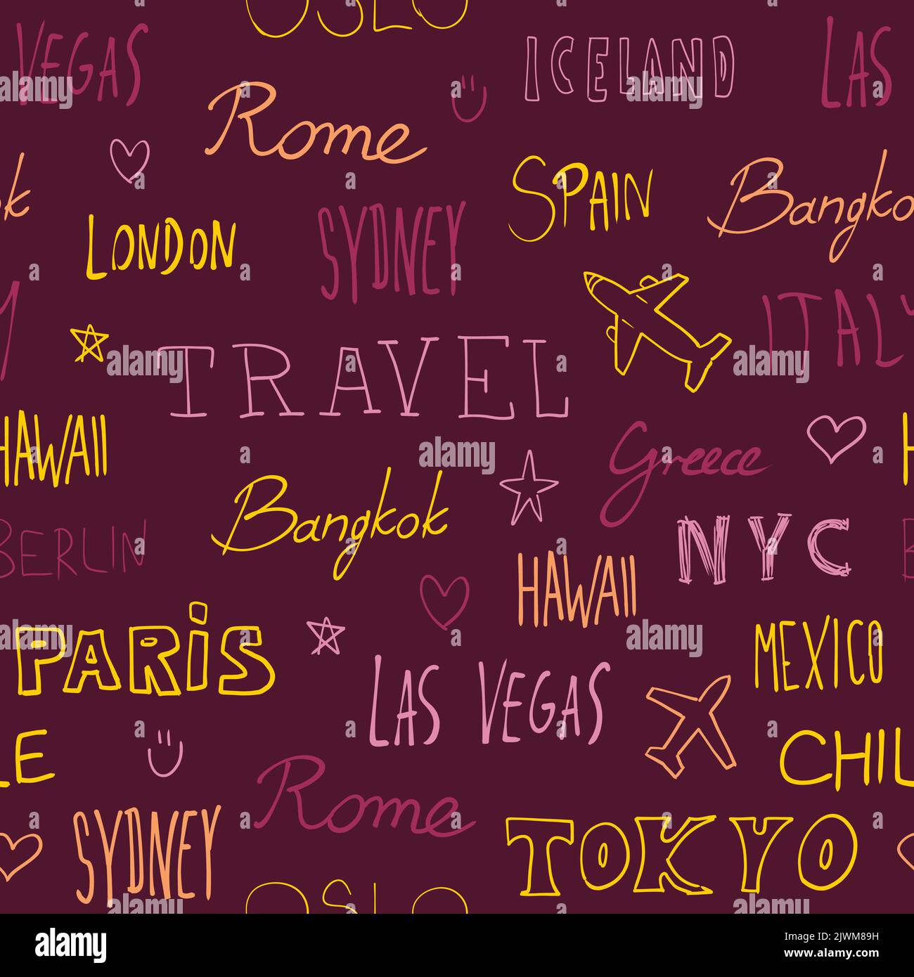 World cities background. Travel destination city names seamless vector ...