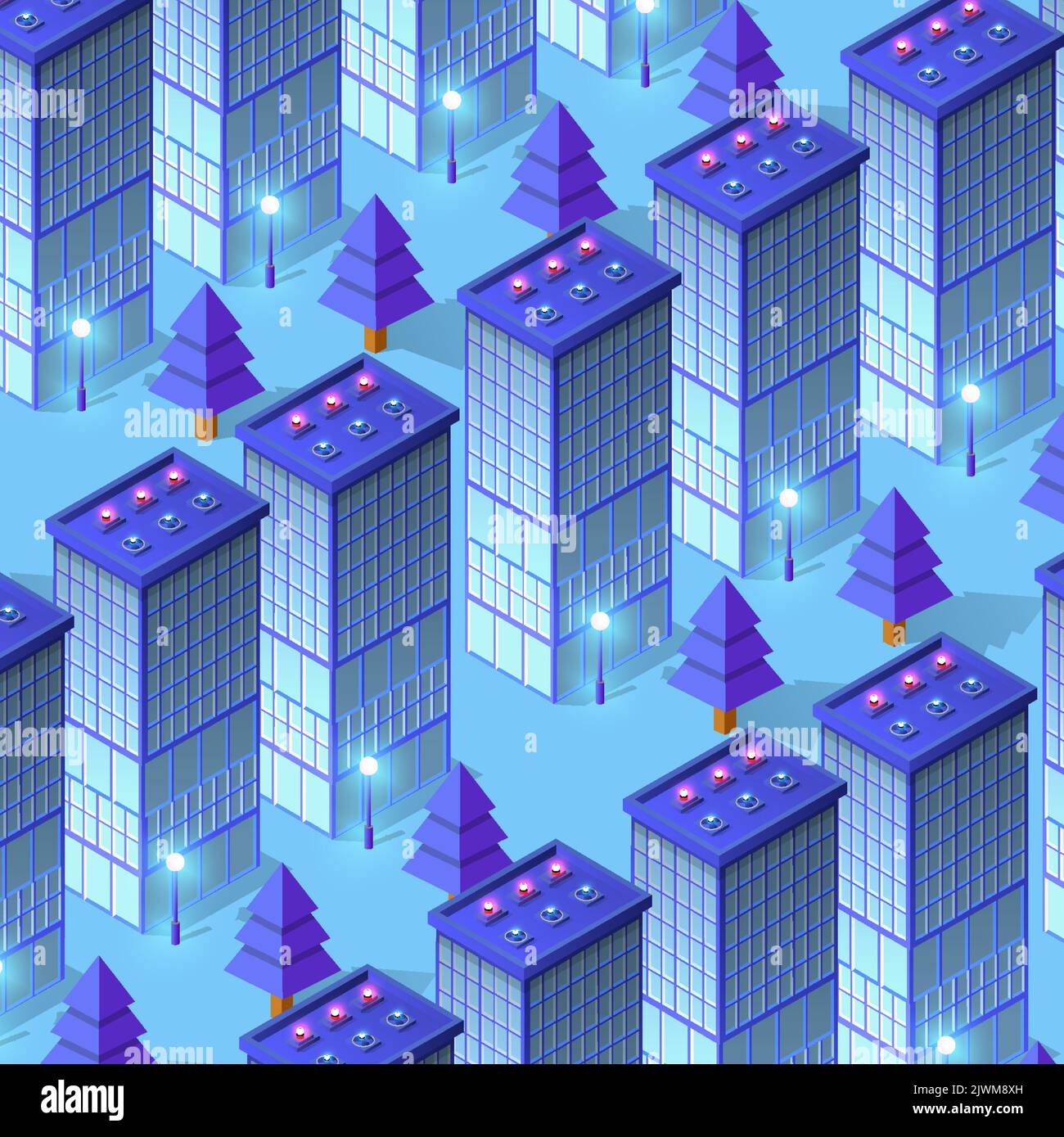Night isometric smart blue ultraviolet city background 3D illustration ...