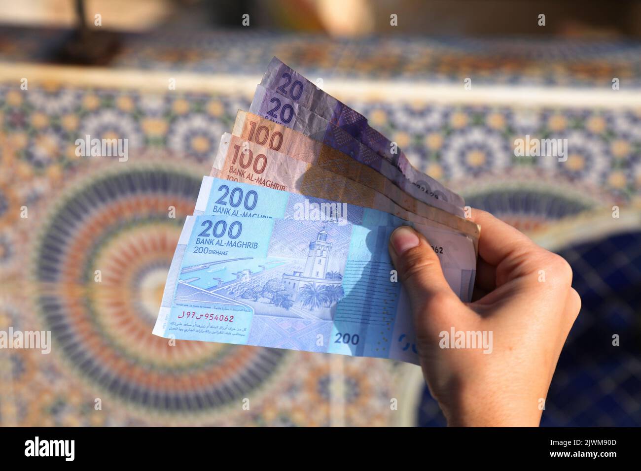 Moroccan dirhams. Currency of Morrocco - hand holding used banknotes ...