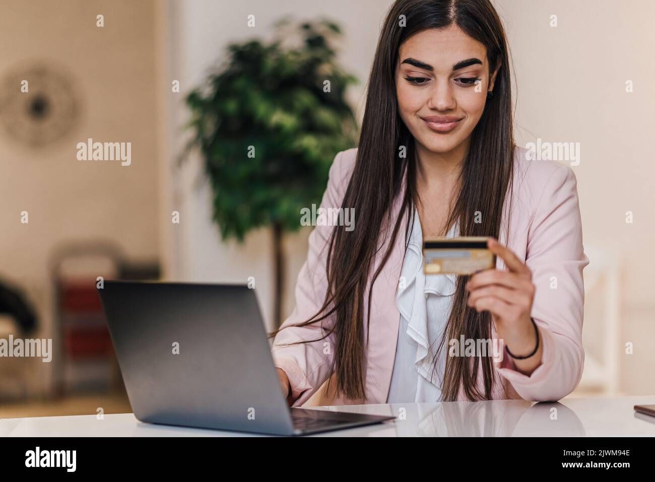 Lovely young brunette businesswoman, using her laptop and glancing at ...