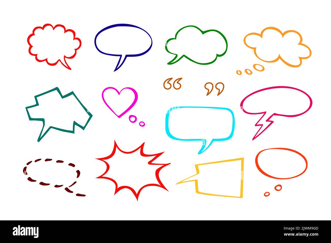 Collection of hand drawn speech bubbles of various colours and shapes ...