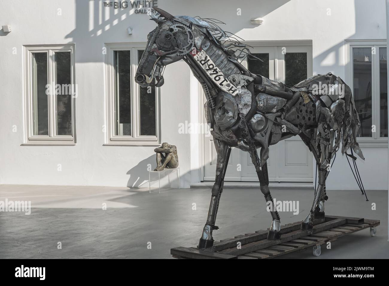 The metal horse and a man statue at the entrance of Big White Gallery ...