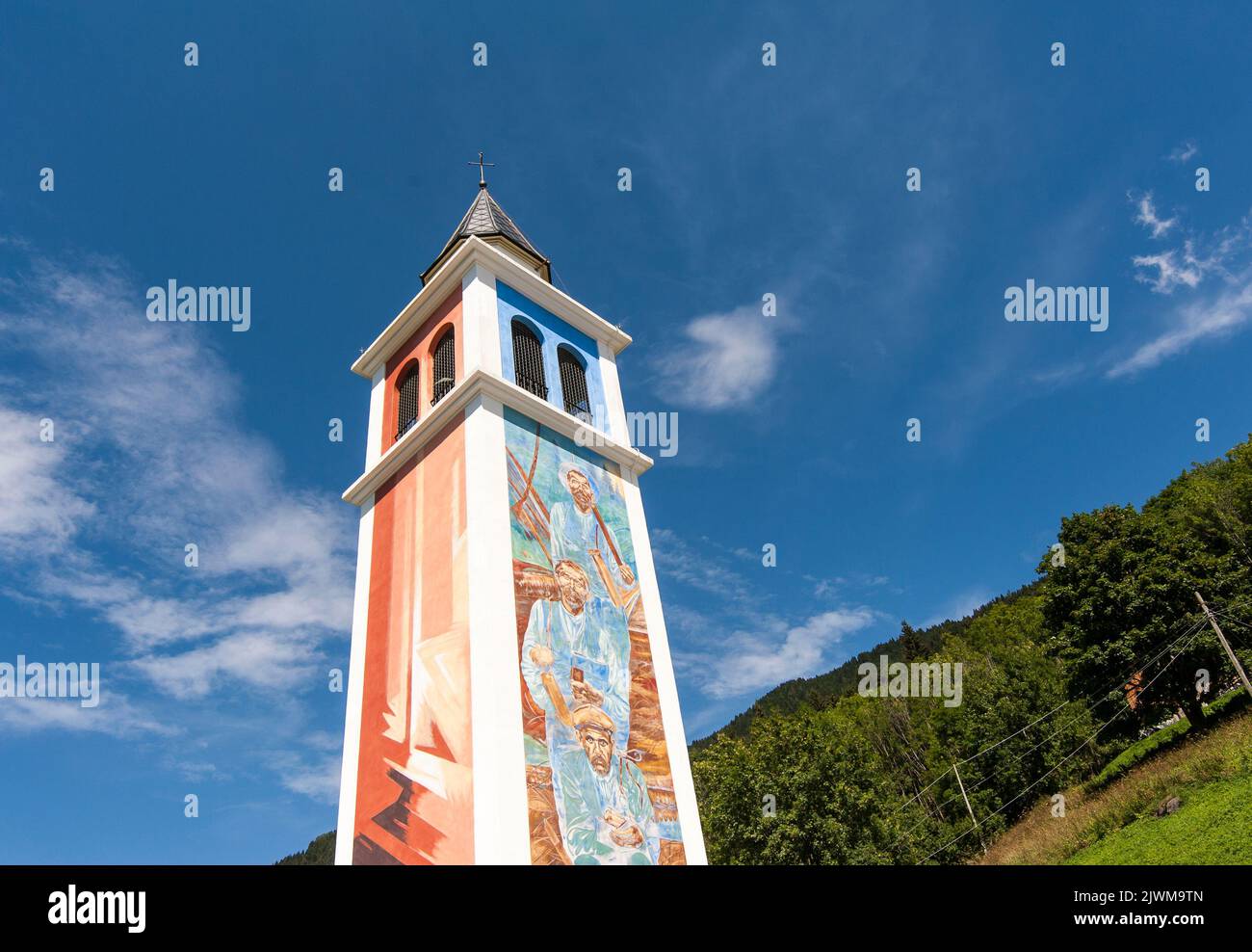 Painted tower bell in Givigliana village, Italian mountains Stock Photo ...