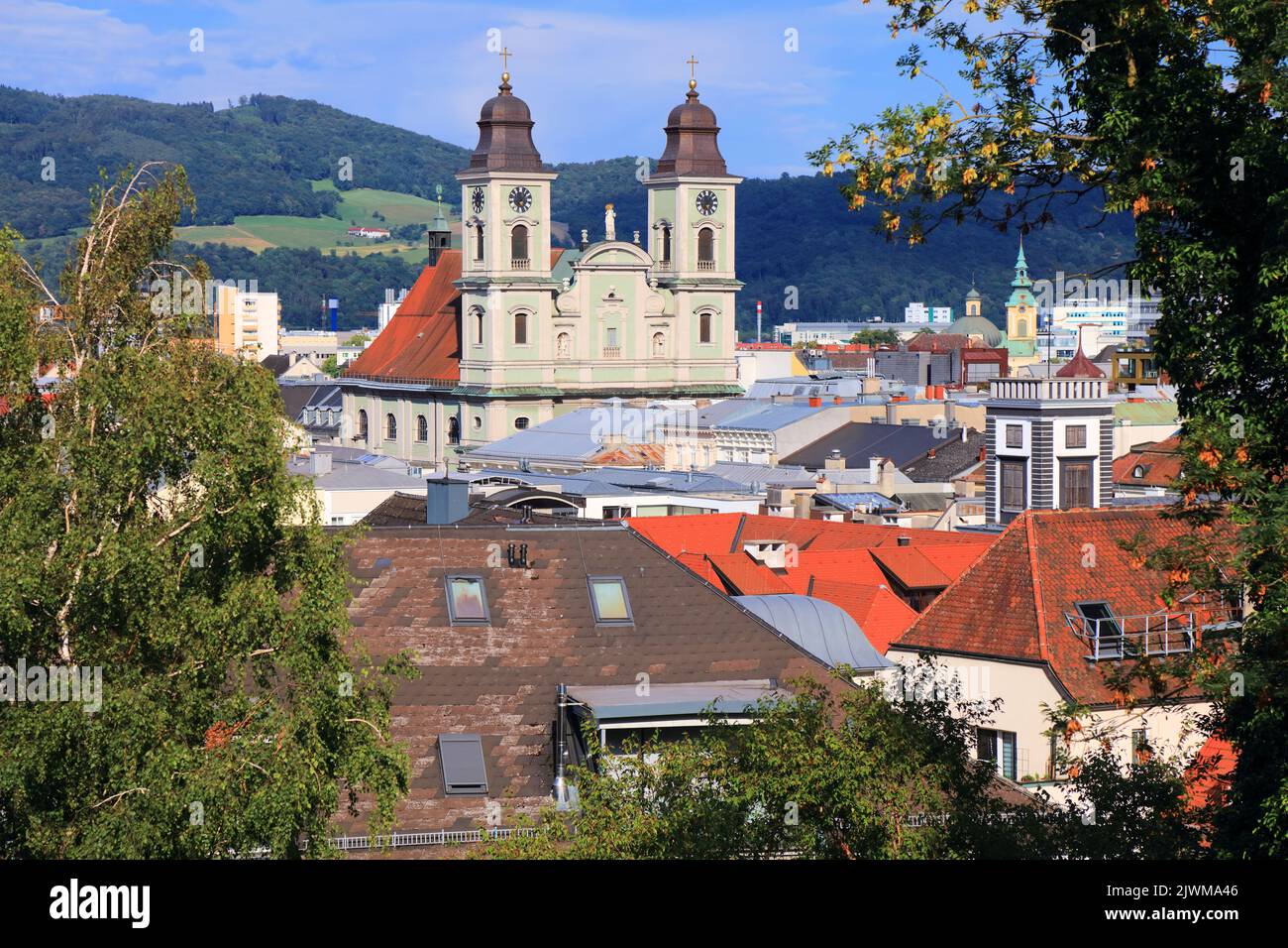 Linz city view in Austria. Cityscape with churches Stock Photo - Alamy