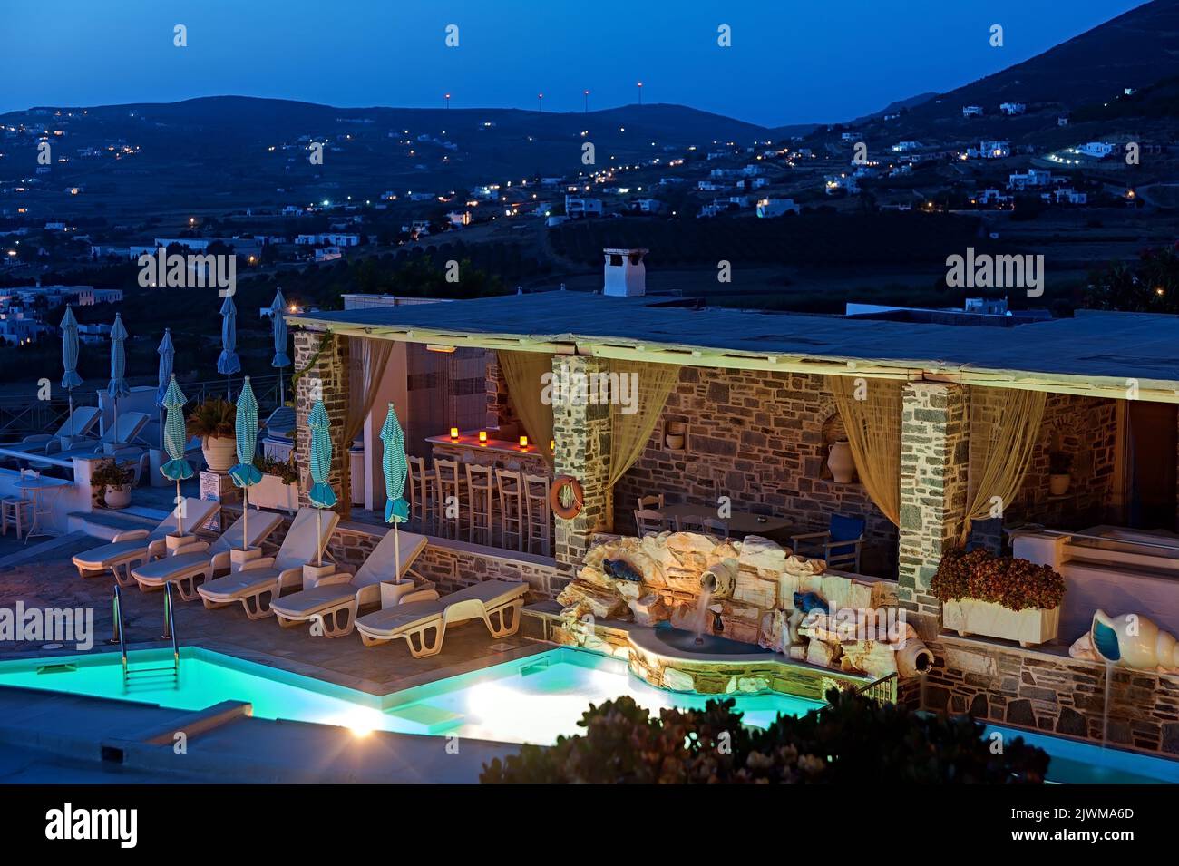 The view to the Sunset View hotel terrace with Paros cityscape at ...