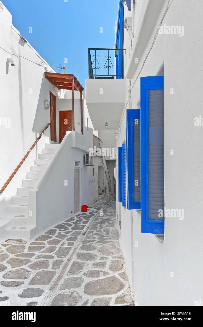 Narrow colorful street in old part of Parikia of Paros island Greece ...
