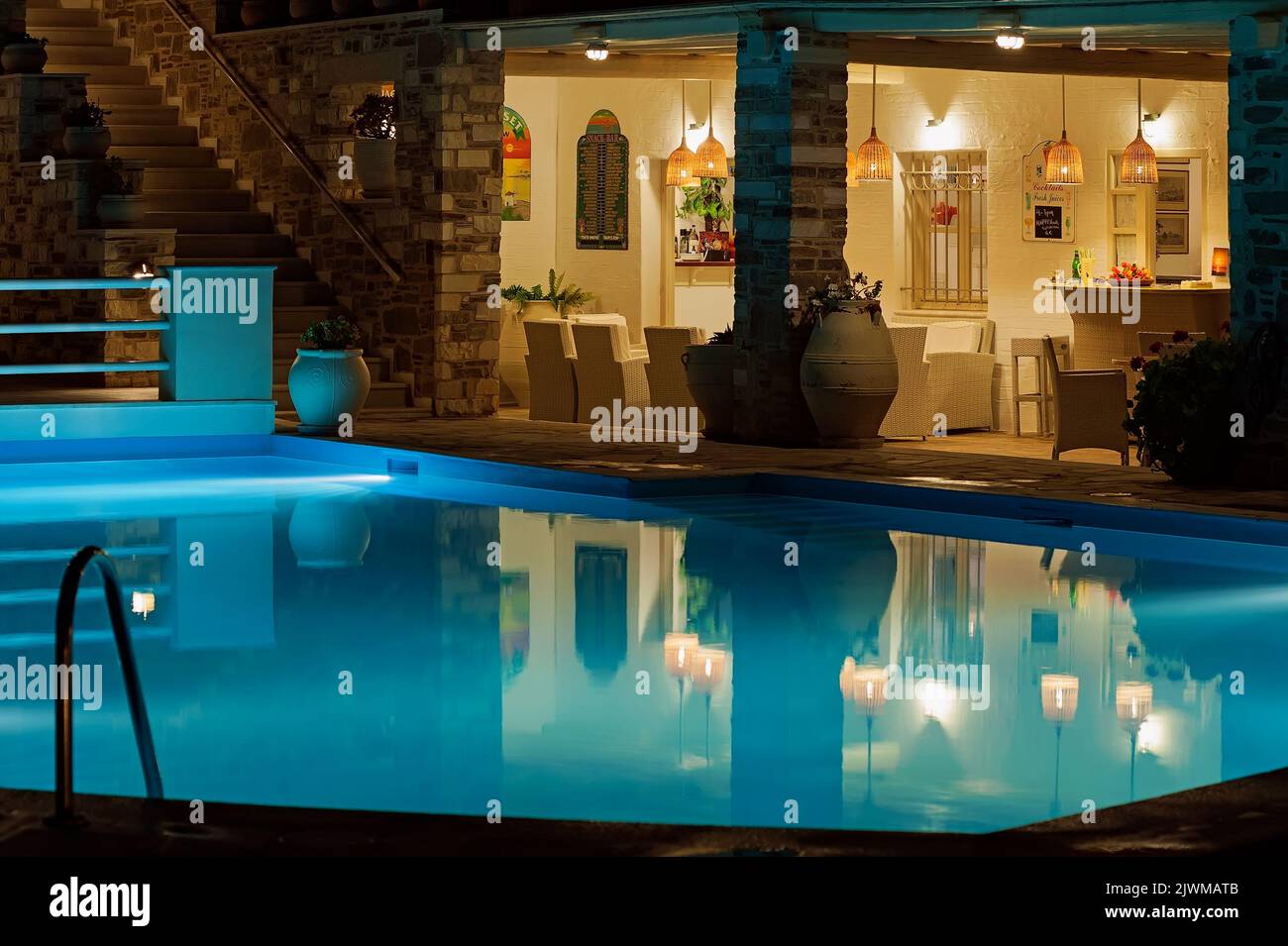 Sunset View hotel terrace night scene in Parikia, Paros, Greece Stock ...