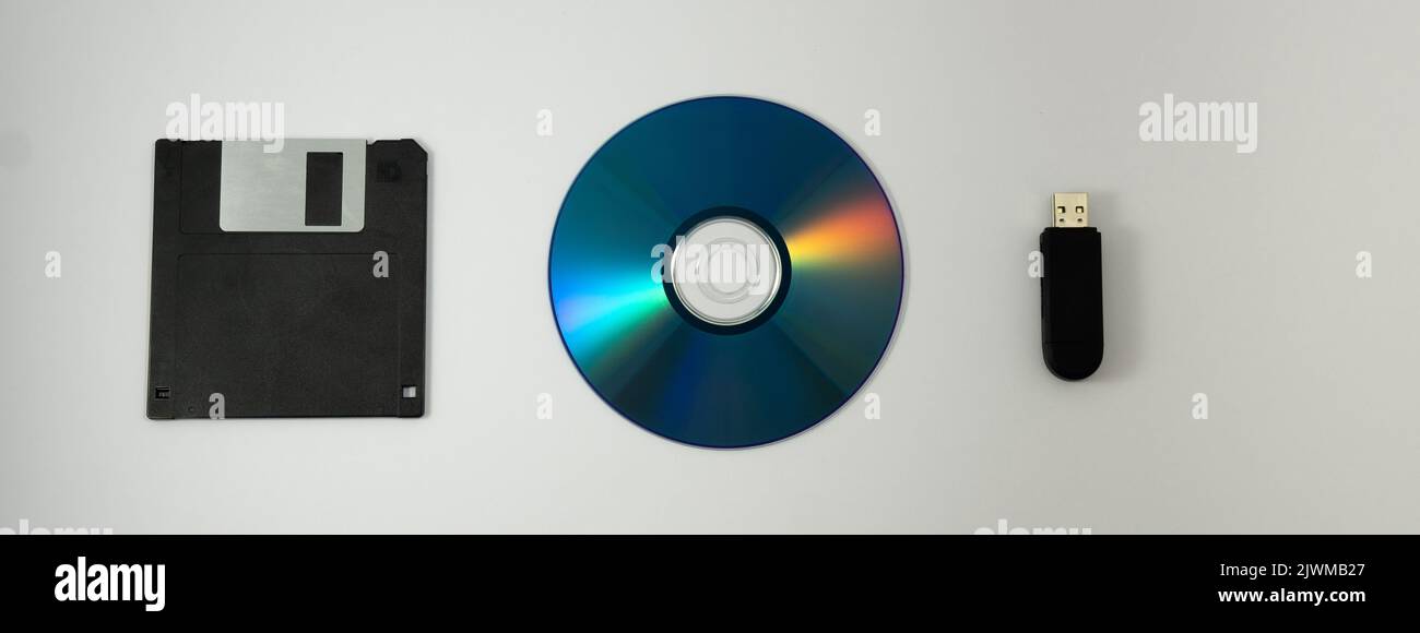 Evolution of memory cards, floppy disks, CDs and USB keys Stock Photo ...