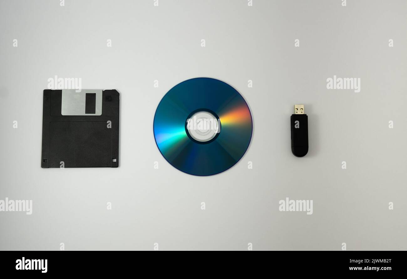 Evolution of memory cards, floppy disks, CDs and USB keys Stock Photo ...