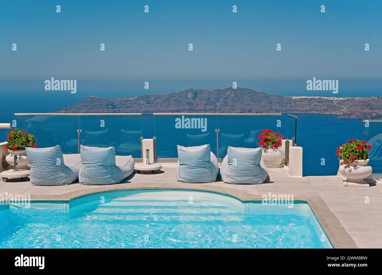 Balcony with pool in Imerovigli, Santorini, Greece with caldera sea ...