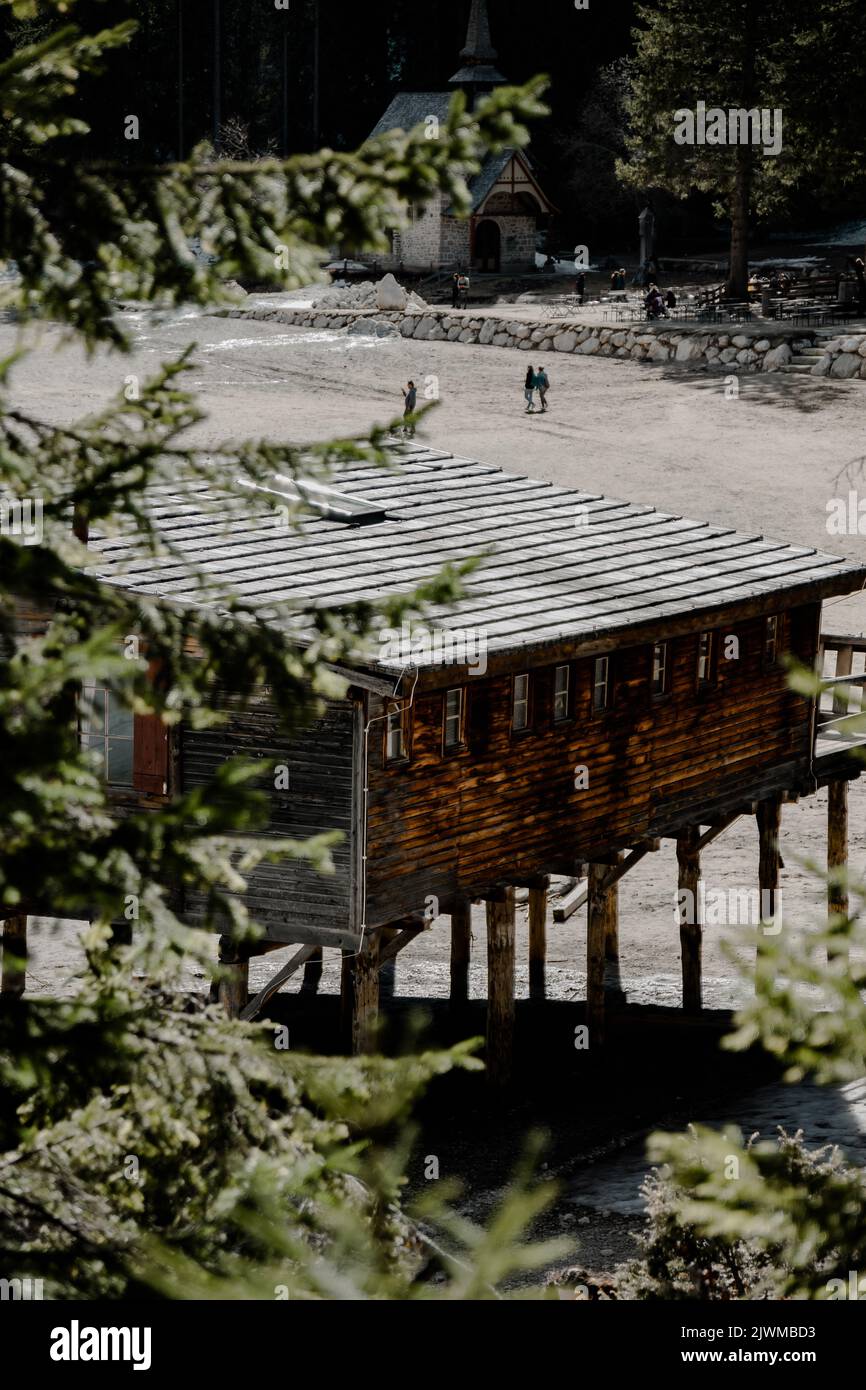 raised wooden hut on dry lake of braies Stock Photo - Alamy