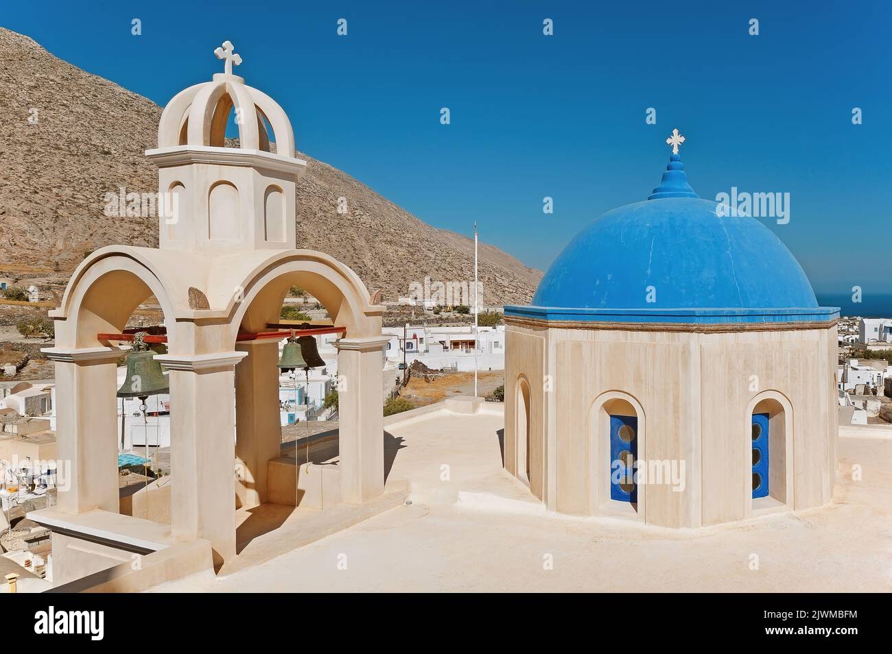 The dome and cupola of the Emporio church at Santorini, Greece Stock ...