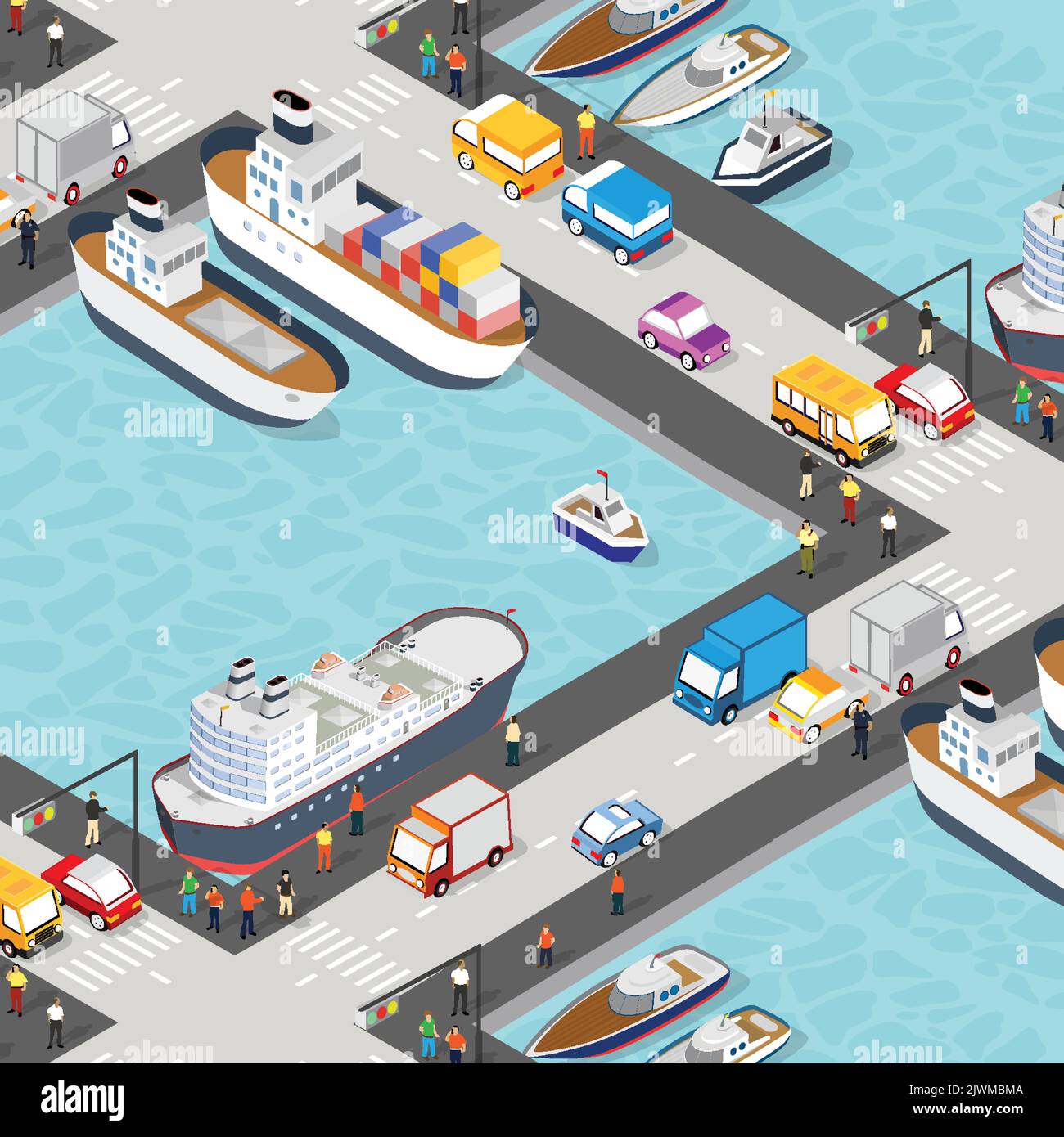 Isometric City industrial port with transport boat 3D illustration ...
