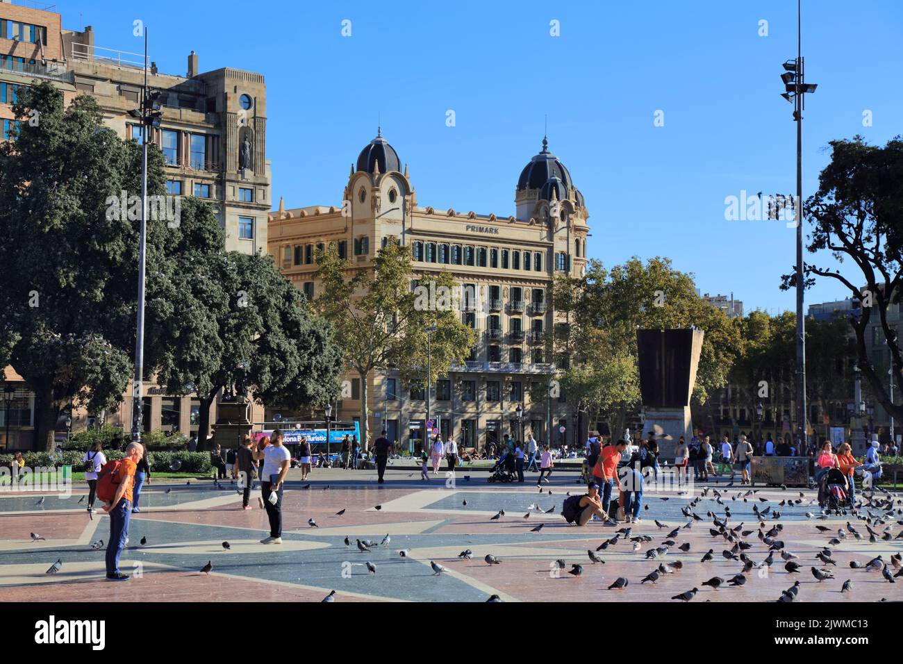 BARCELONA, SPAIN - OCTOBER 7, 2021: People visit Placa de Catalunya ...