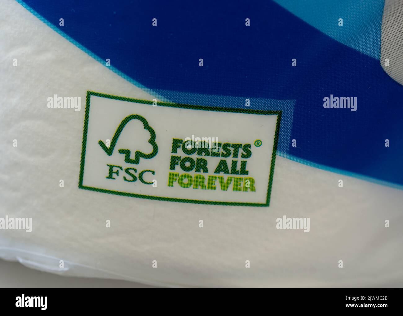 FSC symbol on a pack of Cushelle tubeless toilet rolls Stock Photo - Alamy