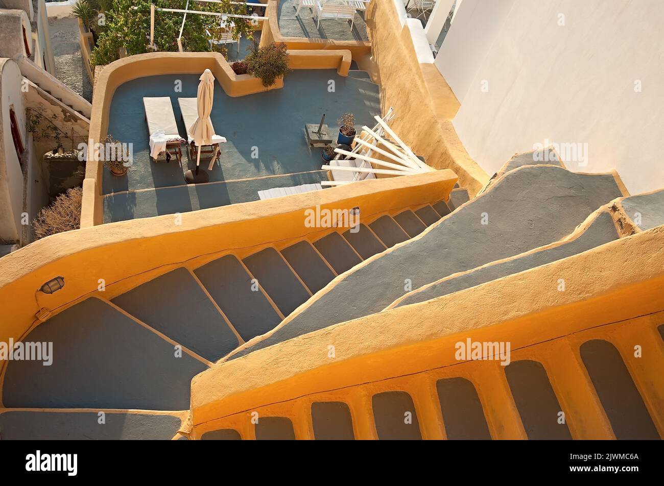 Yellow traditional Fira terrace at Santorini island in Greece Stock ...