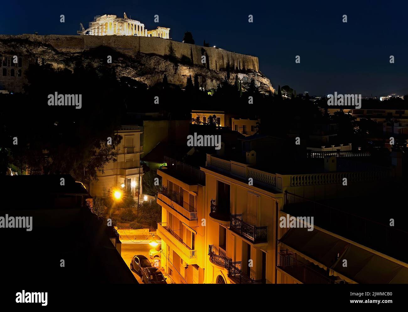 Athens at night with Acropolis of Athens at background, Greece Stock ...
