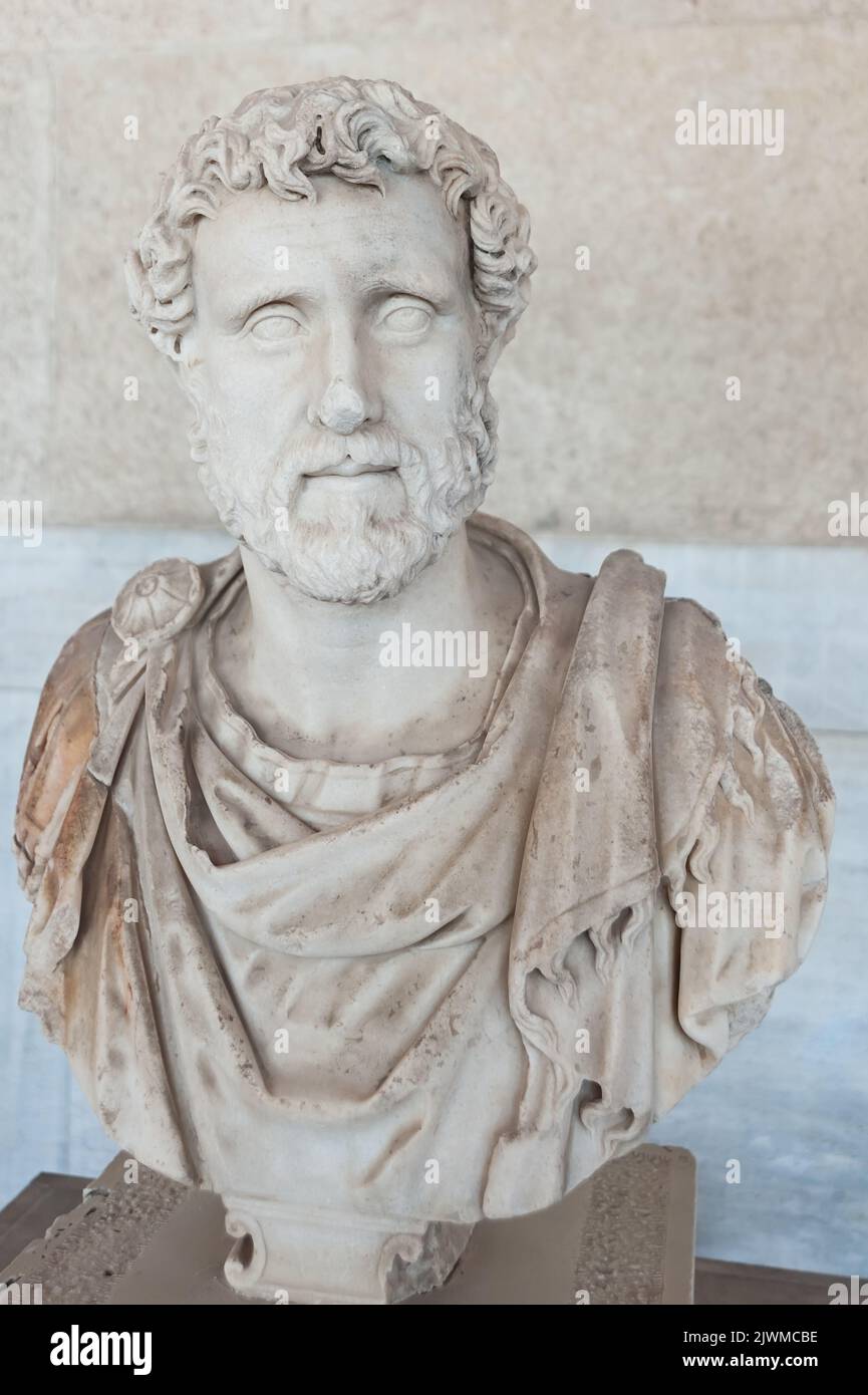 Portrait bust of the emperor Antoninus Pius, in the Stoa of Attalos ...