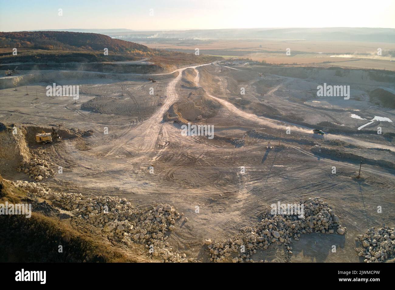 Aerial view of open pit mine of sandstone materials for construction ...