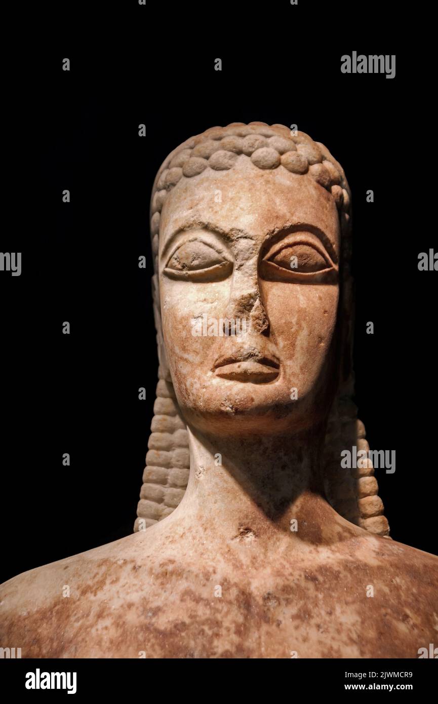 Ancient kouros head on black background at Kerameikos site, Athens ...
