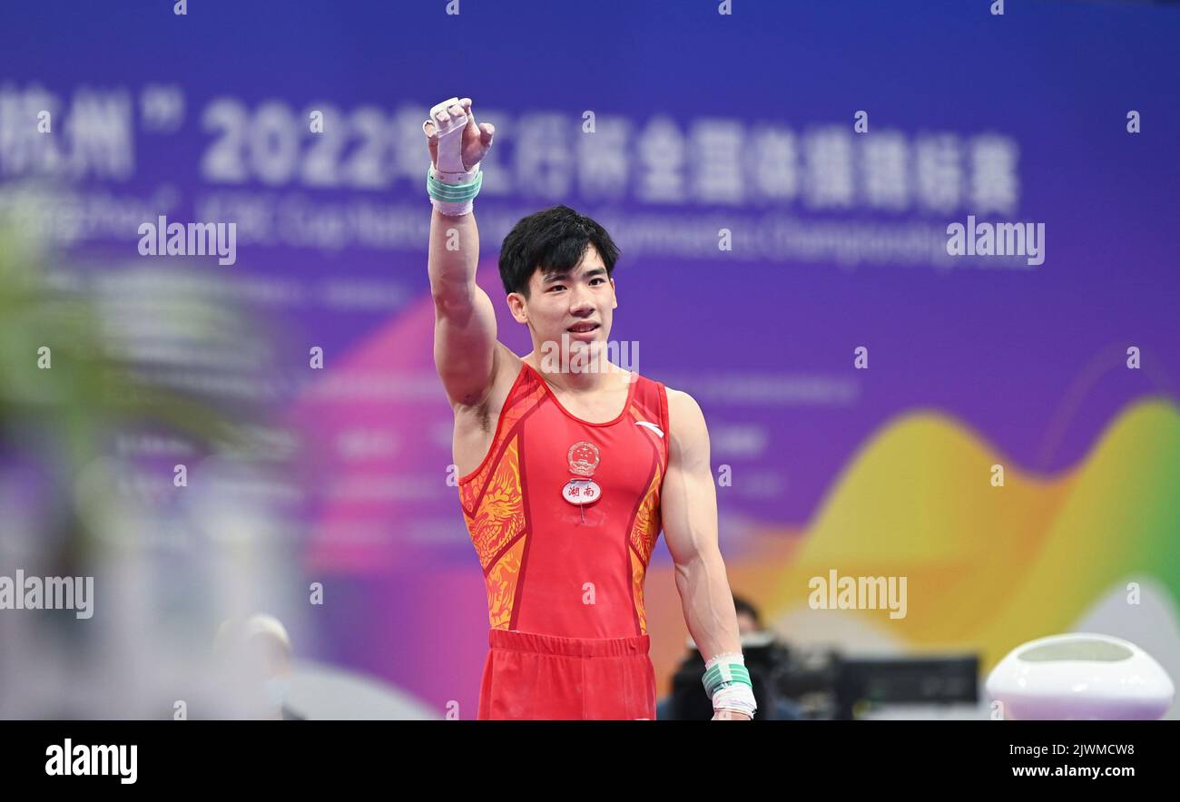 HANGZHOU, Sept. 6, 2022 (Xinhua) -- Gold medalist Zhang Boheng of Hunan ...