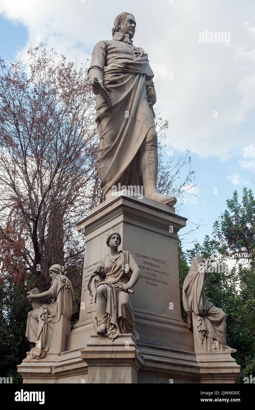 The marble statue of Ioannis Varvakis. Its located in the garden of the ...