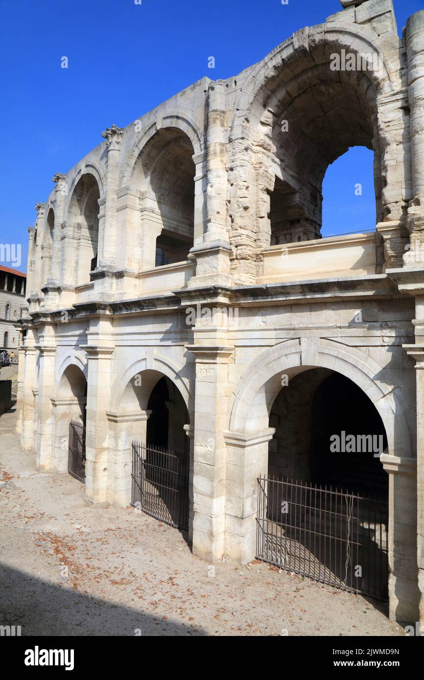 Arles town in Provence, France. UNESCO world heritage site - ancient Roman amphitheatre ruins ...