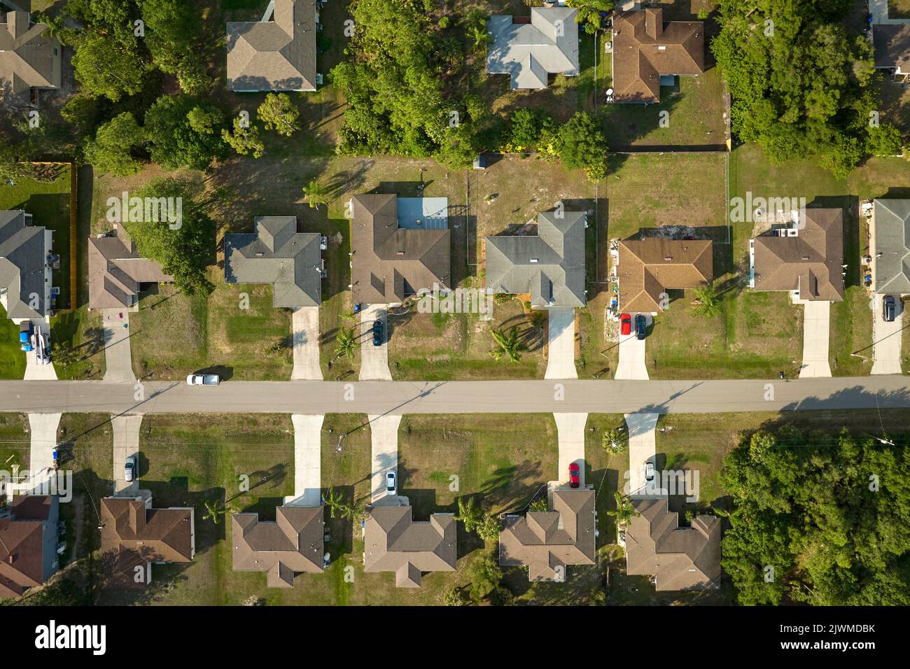 Aerial view of suburban landscape with private homes between green palm ...