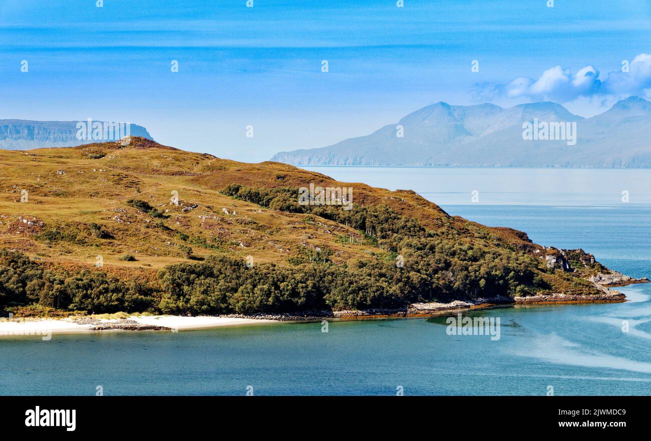 MORAR LOCHABER SCOTLAND LATE SUMMER A WHITE SAND BEACH BAY AND BLUE SEA ...