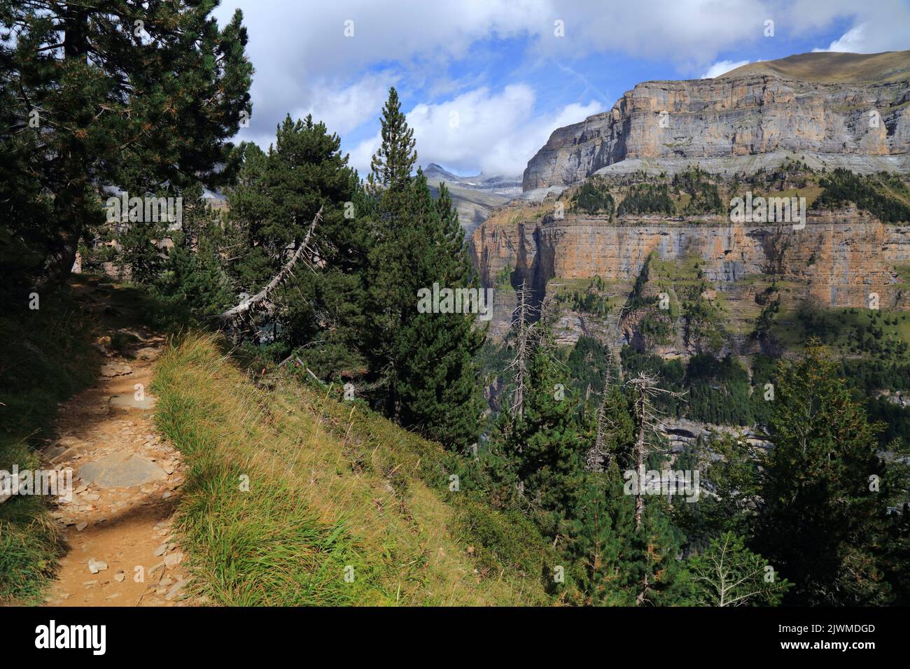 Hiking trail in Spain. Ordesa valley in Spanish Pyrenees. Senda de Los Cazadores hike in Ordesa ...