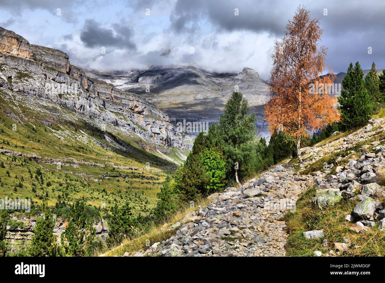 Hiking trail in Spain. Ordesa valley in Spanish Pyrenees. Senda de Los ...