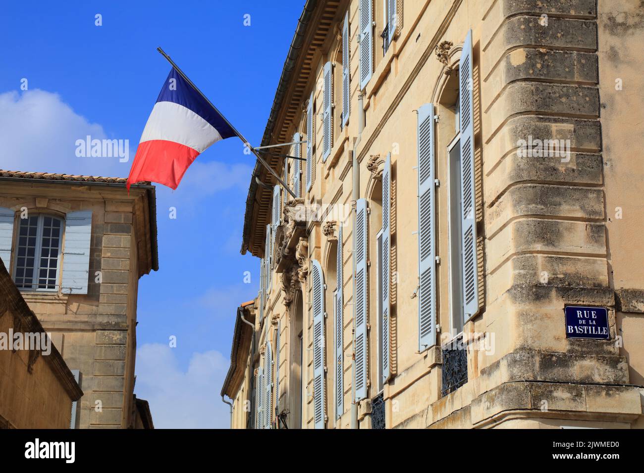 French flag in Arles, France. Street view of Arles old town Stock Photo ...